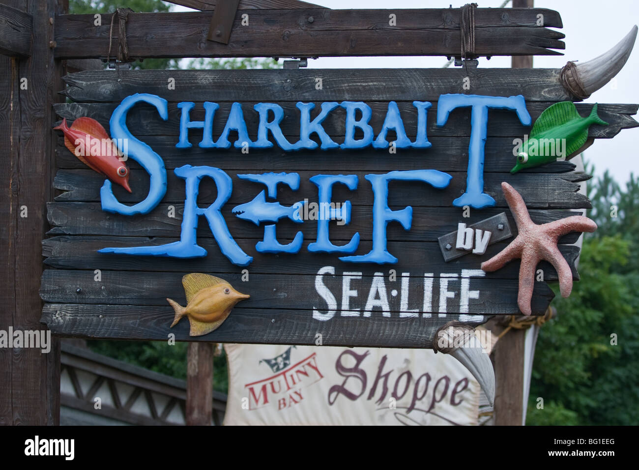Sharkbait Reef by sea life sign, as seen at Alton Towers Stock Photo ...