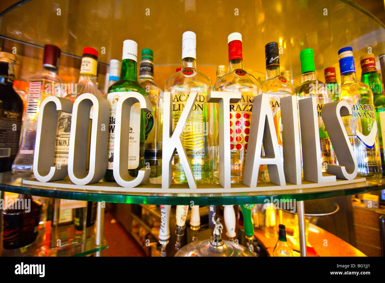 Coctails sign in front of alcohol bottles in the United States Stock ...