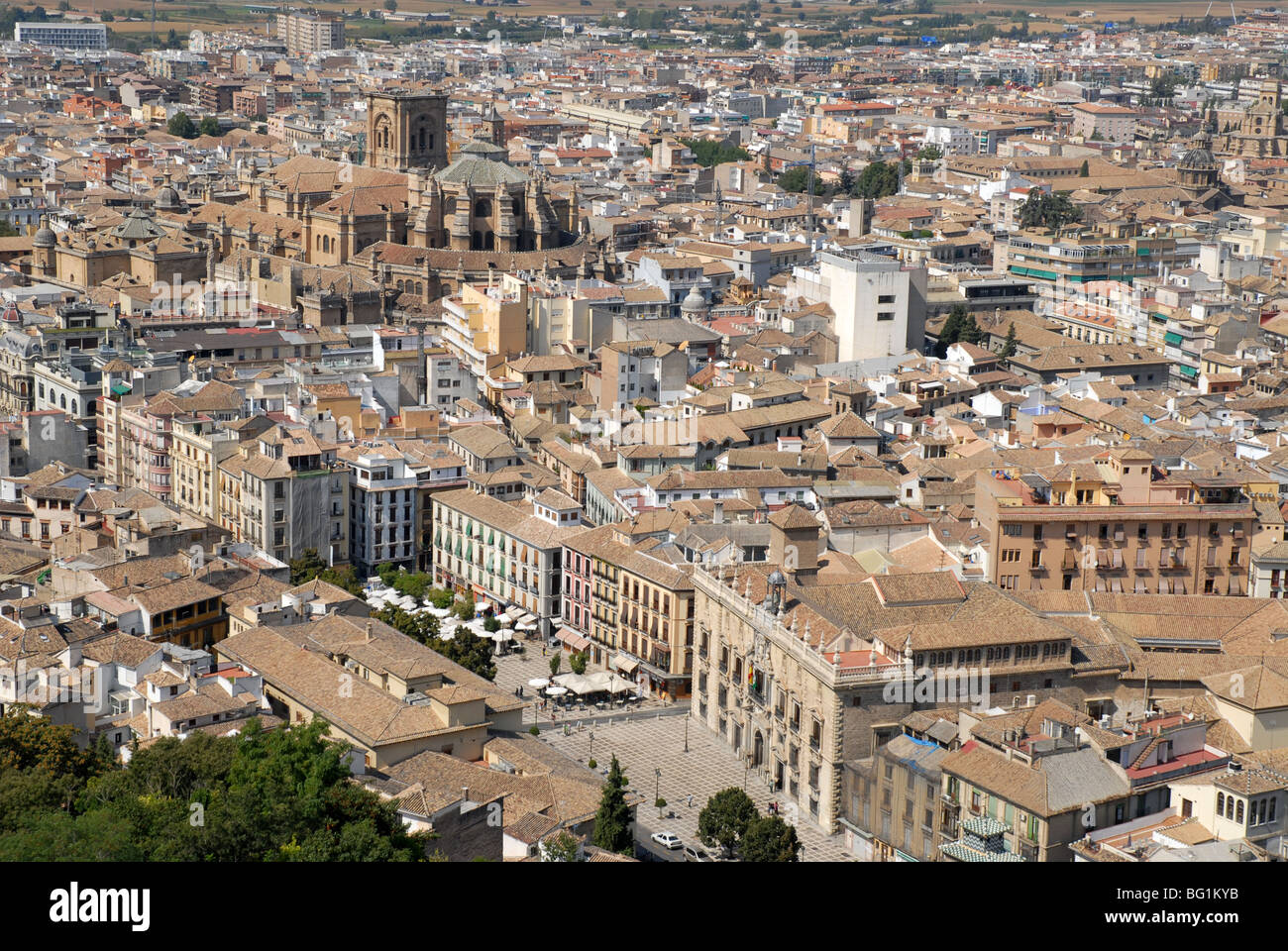 view to Granada Cathedral and city buildings from The Alhambra, Granada ...