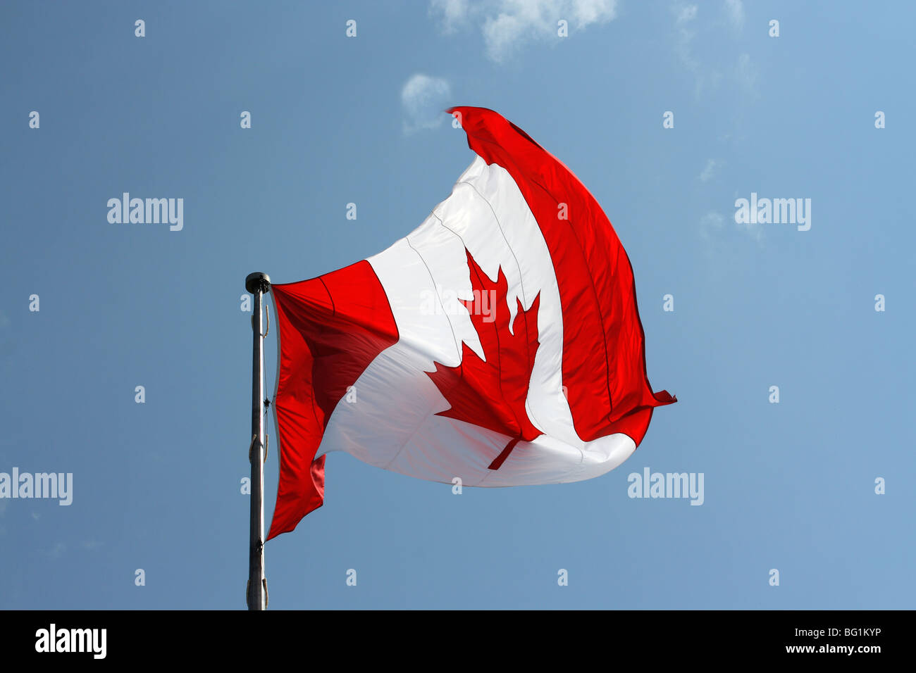 big Canadian flag high on the bright blue sky Stock Photo - Alamy
