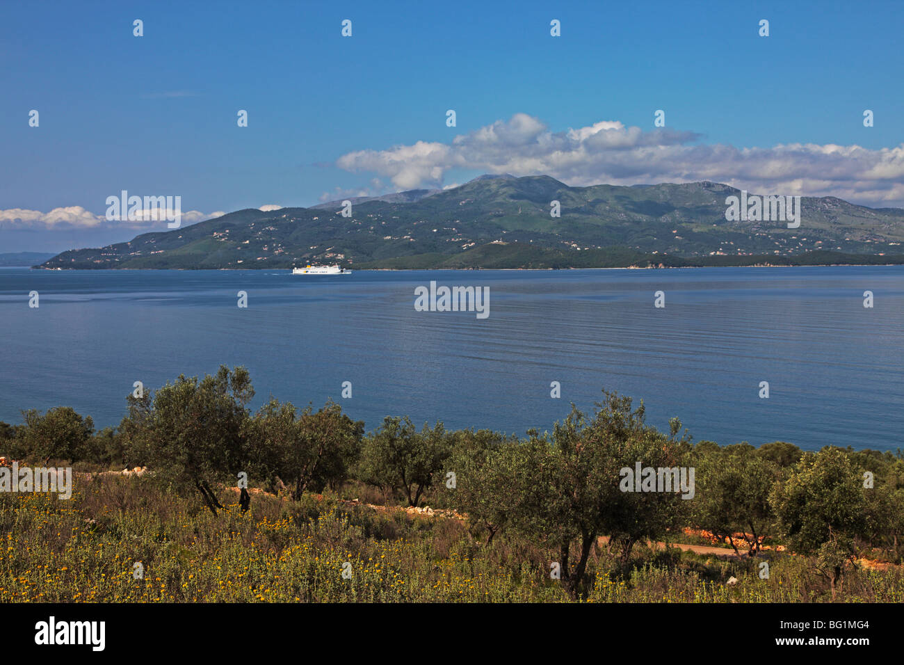 Straits of Corfu viewed from coast road between Butrint and Saranda ...