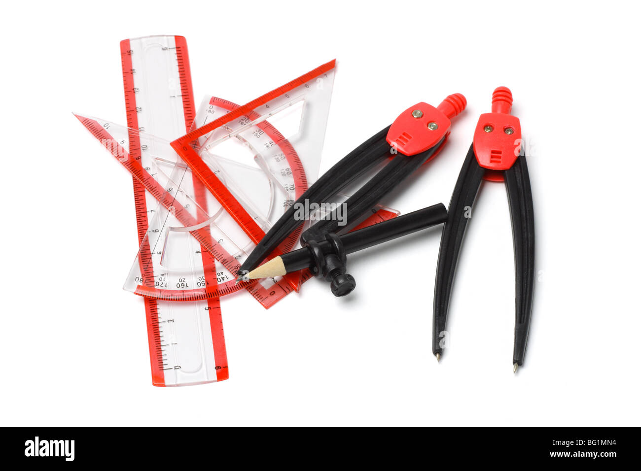 Red student geometry set isolated on white background Stock Photo - Alamy