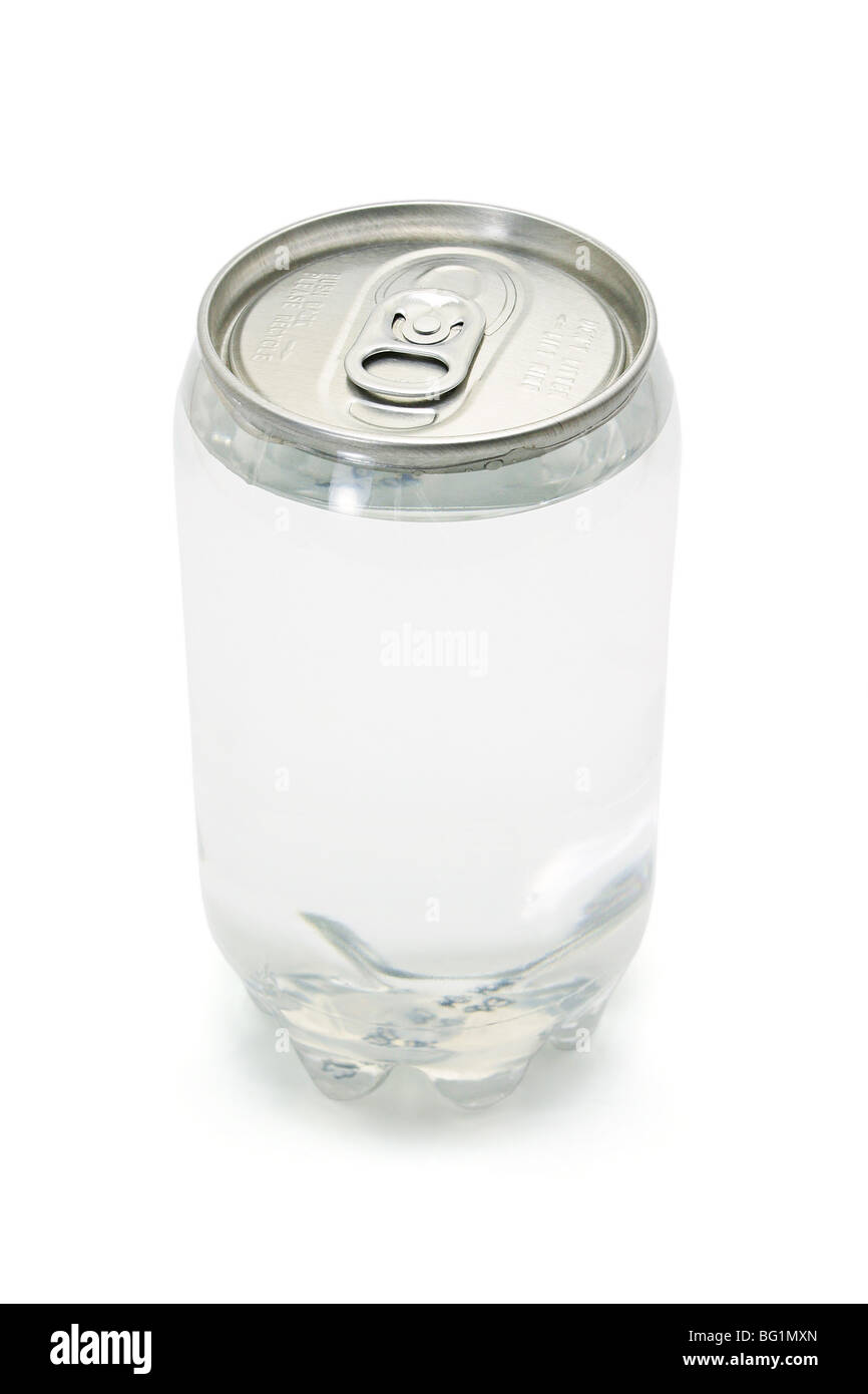 Carbonated drink in plastic can with metal top on white background ...
