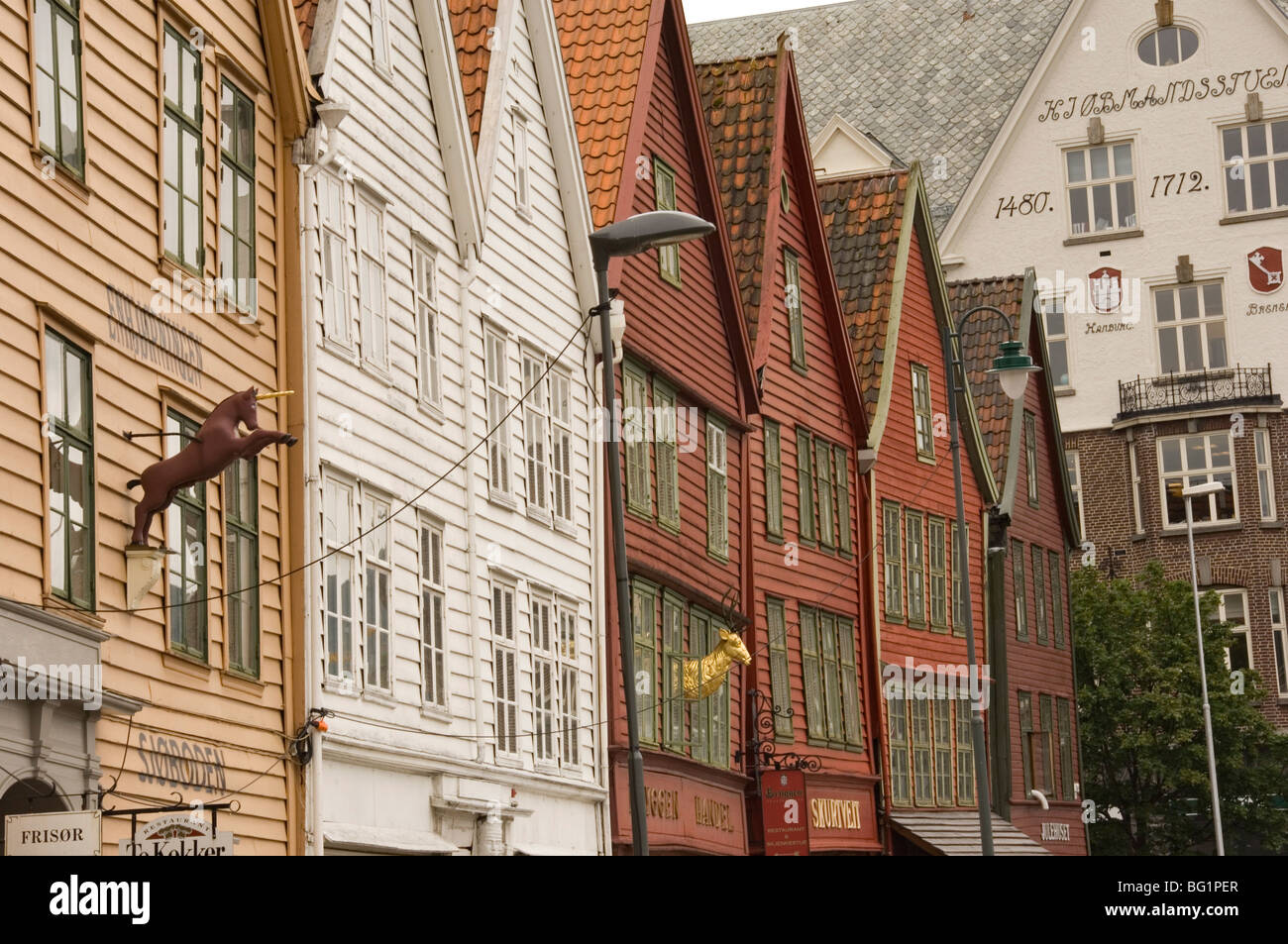 Wooden merchants premises, Bryggen old harbour side, UNESCO World ...