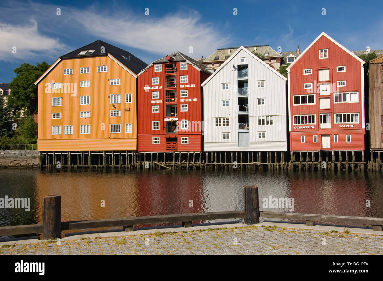 Old merchants warehouses, Nidelva, Trondheim, Norway, Scandinavia ...