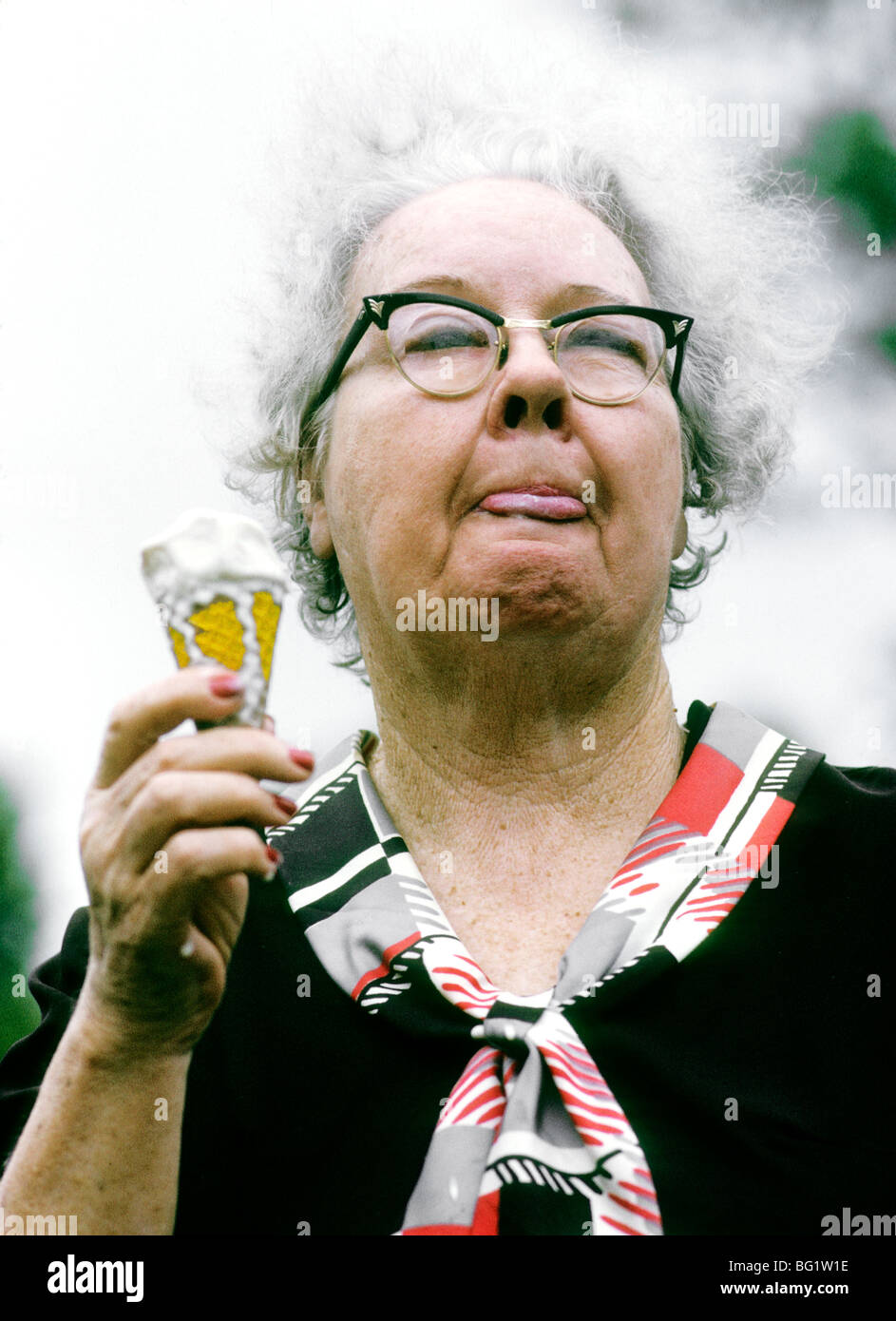 Elderly Lady Eating Vanilla Ice Cream Cone Santa Barbara California