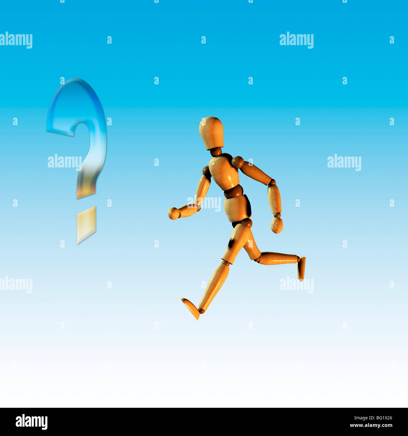 Running Mannequin with a Question mark Stock Photo - Alamy