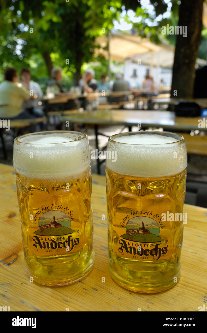 Beer steins in Andechs beer garden, brewed in the monastery, Andechs ...