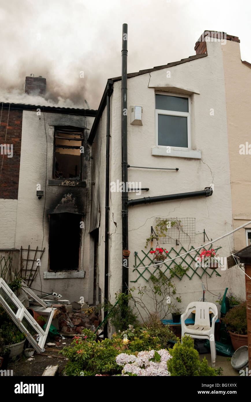 Terraced house fire following gas explosion Stock Photo - Alamy