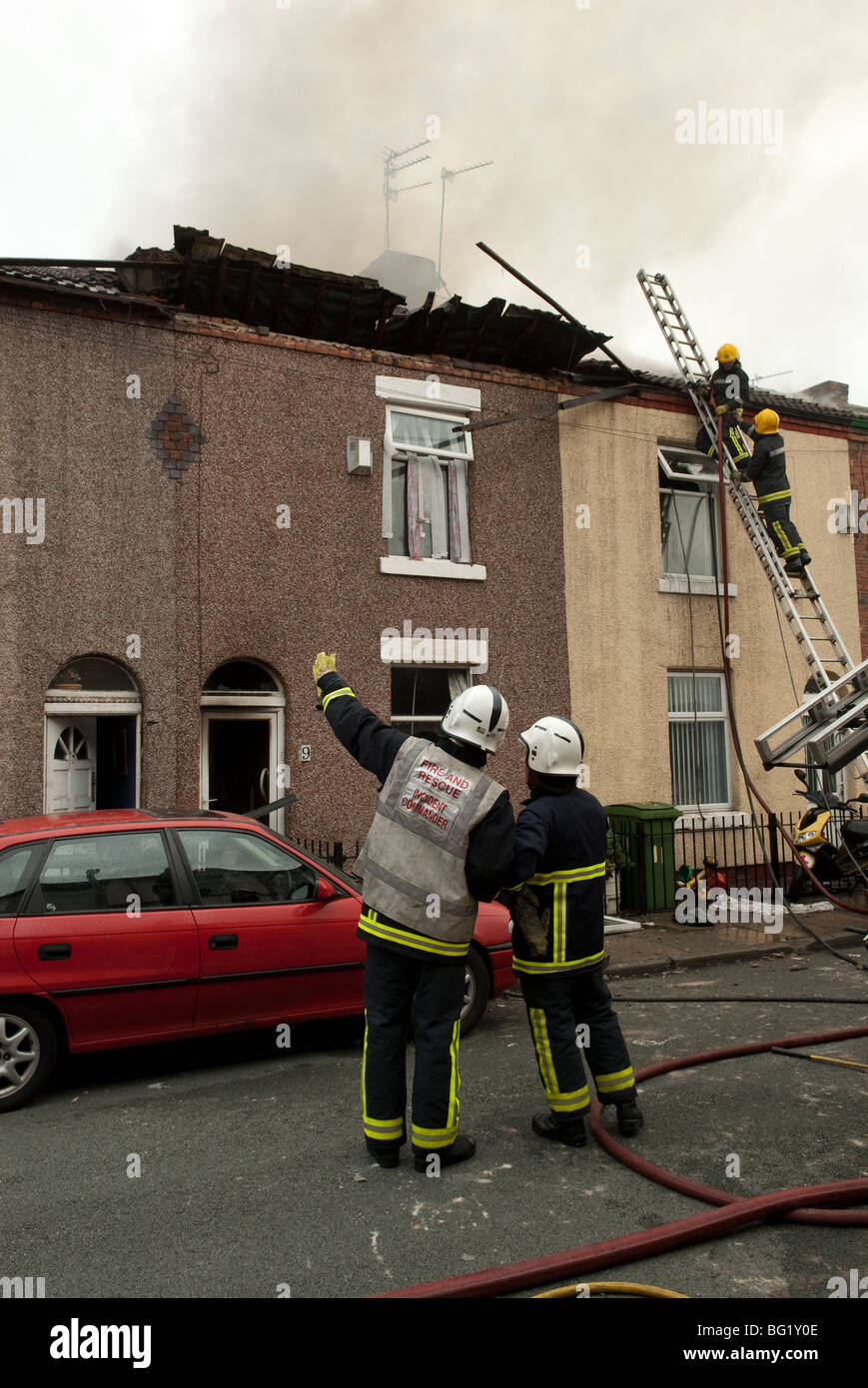 Terraced house fire following gas explosion Stock Photo - Alamy