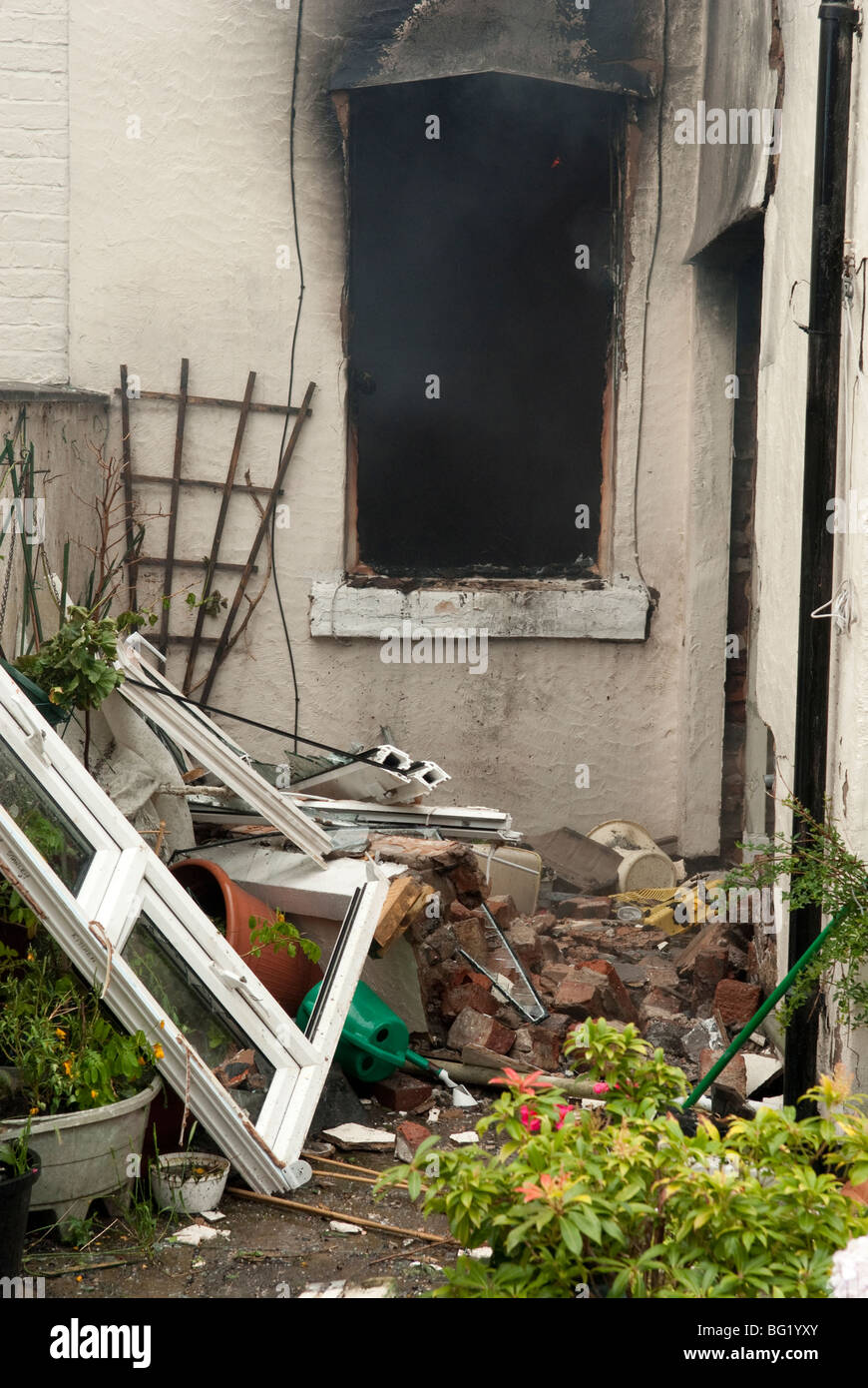 Terraced house fire following gas explosion Stock Photo - Alamy