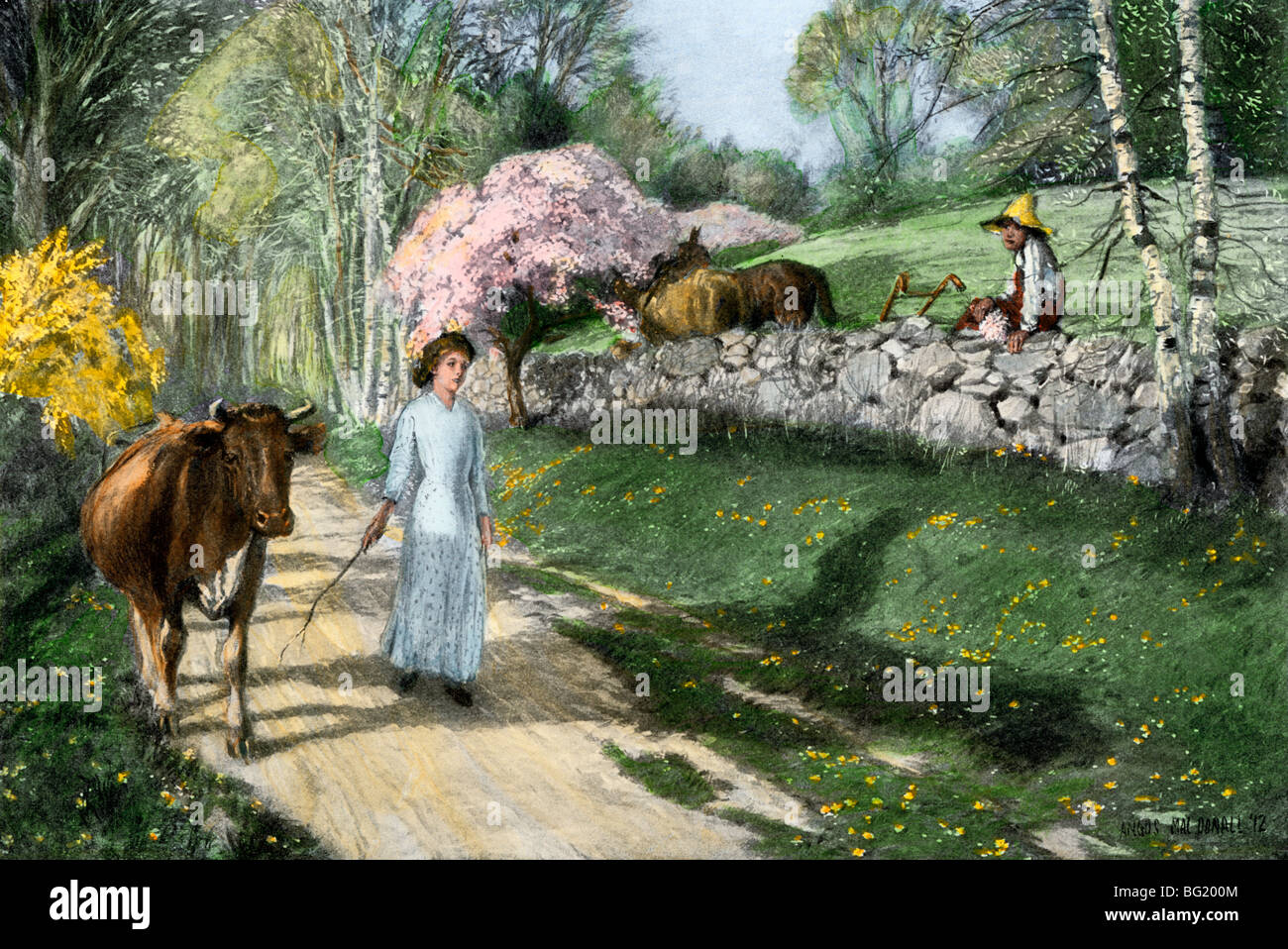 Girl and boy helping with spring farm chores. Hand-colored halftone of ...