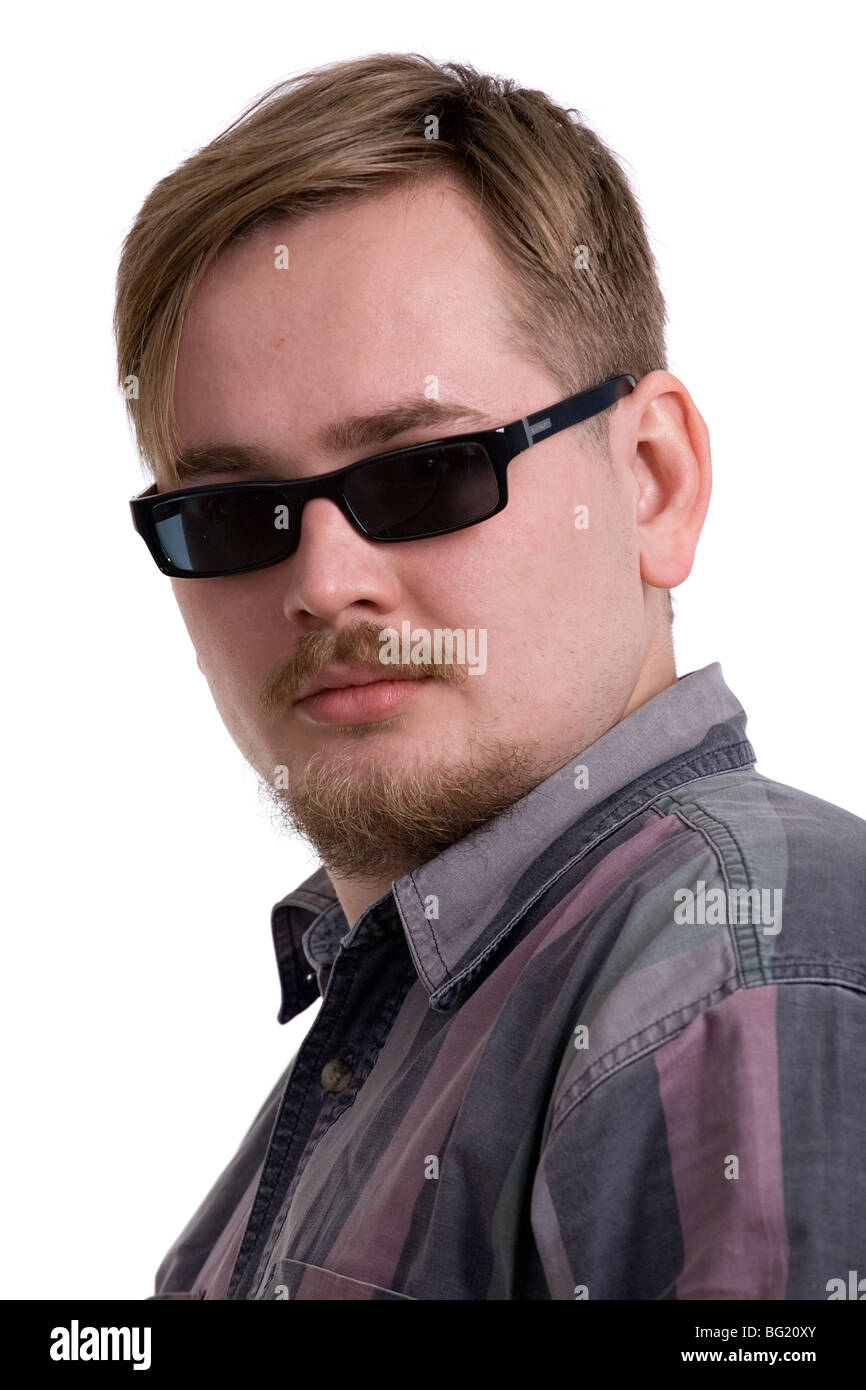 portrait of young cool man in black glasses isolated on white Stock ...