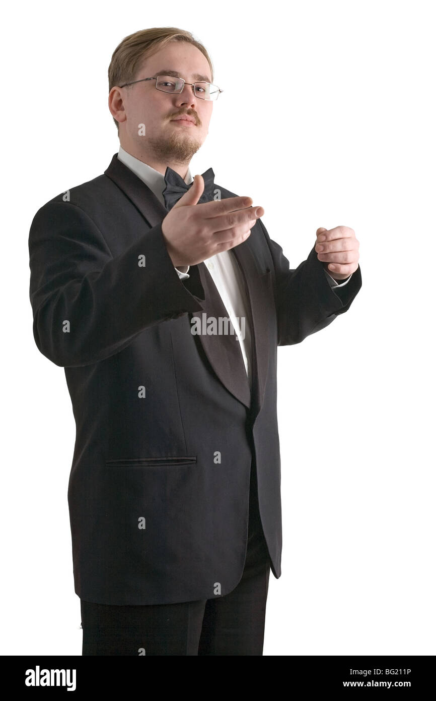 Young conductor in black tuxedo, isolated on white Stock Photo - Alamy