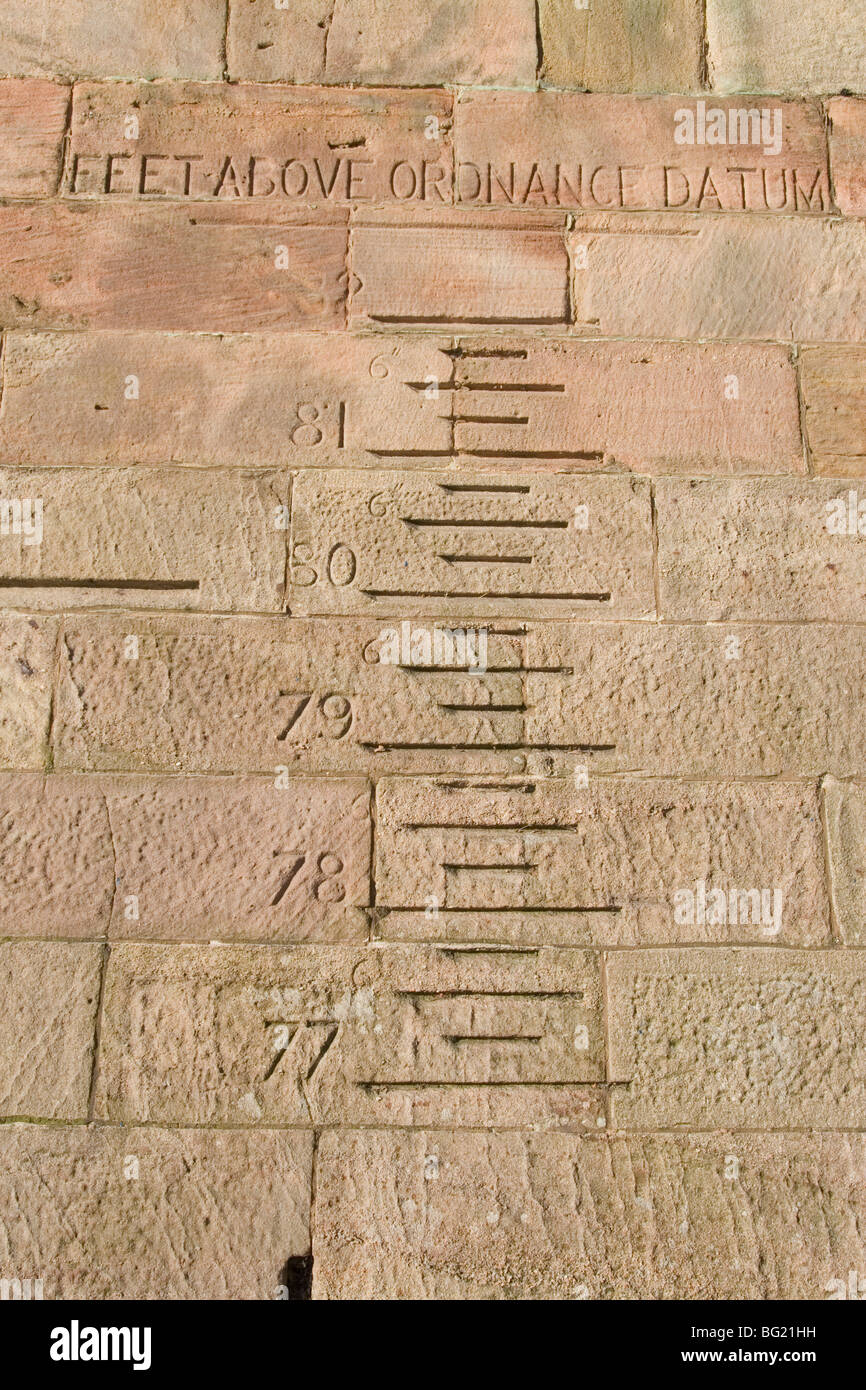 A feet above ordnance datum engraved in to a wall alongside the River ...