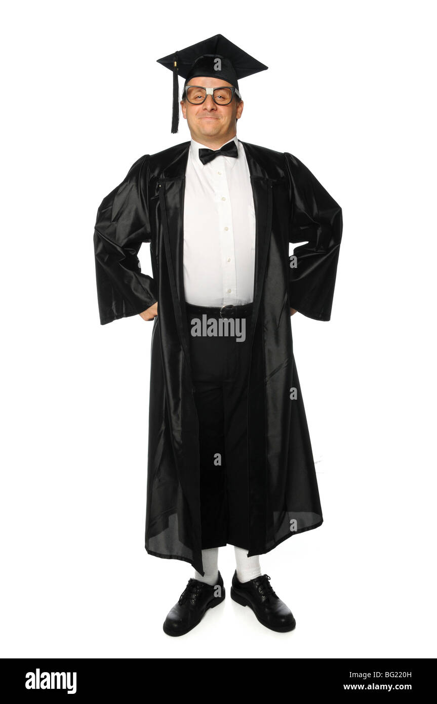 Nerd in graduate clothing with hands on hips isolated over white ...