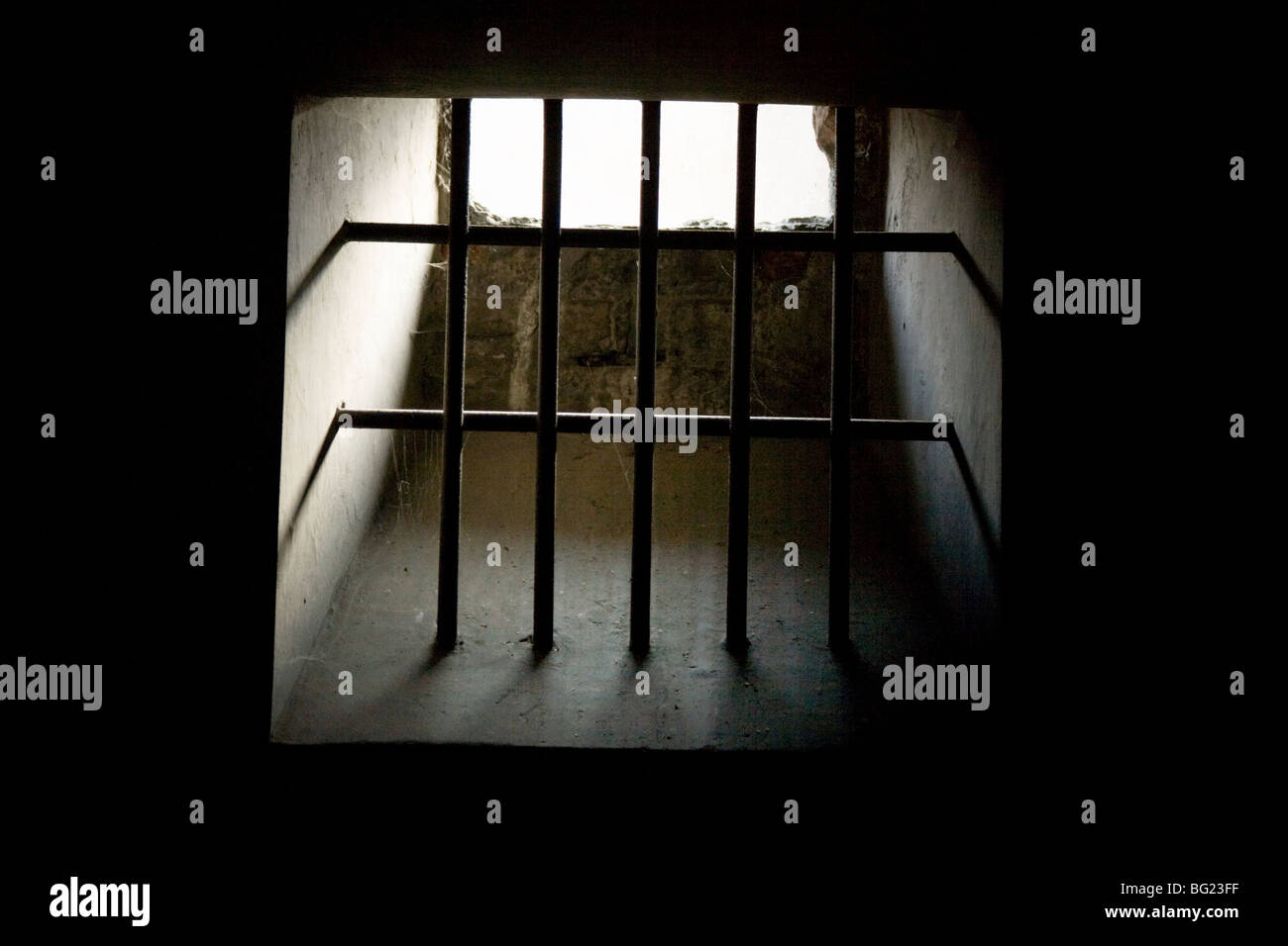 Barred prison cell window at Auschwitz Nazi death camp in Oswiecim ...