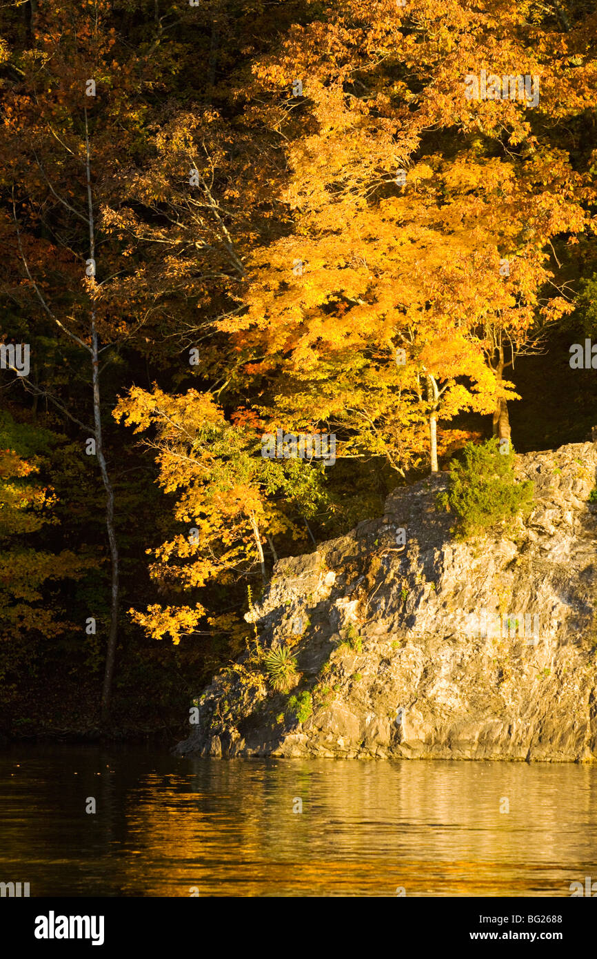 Late evening light on autumn trees and a rock bluff at Watts Bar Lake ...