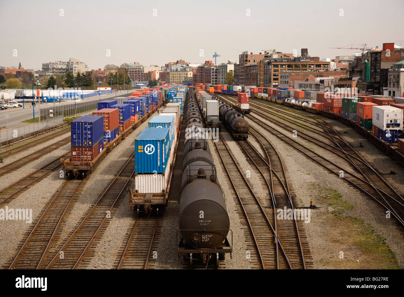 Cargo containers and tank containers on rail, Vancouver waterfront ...
