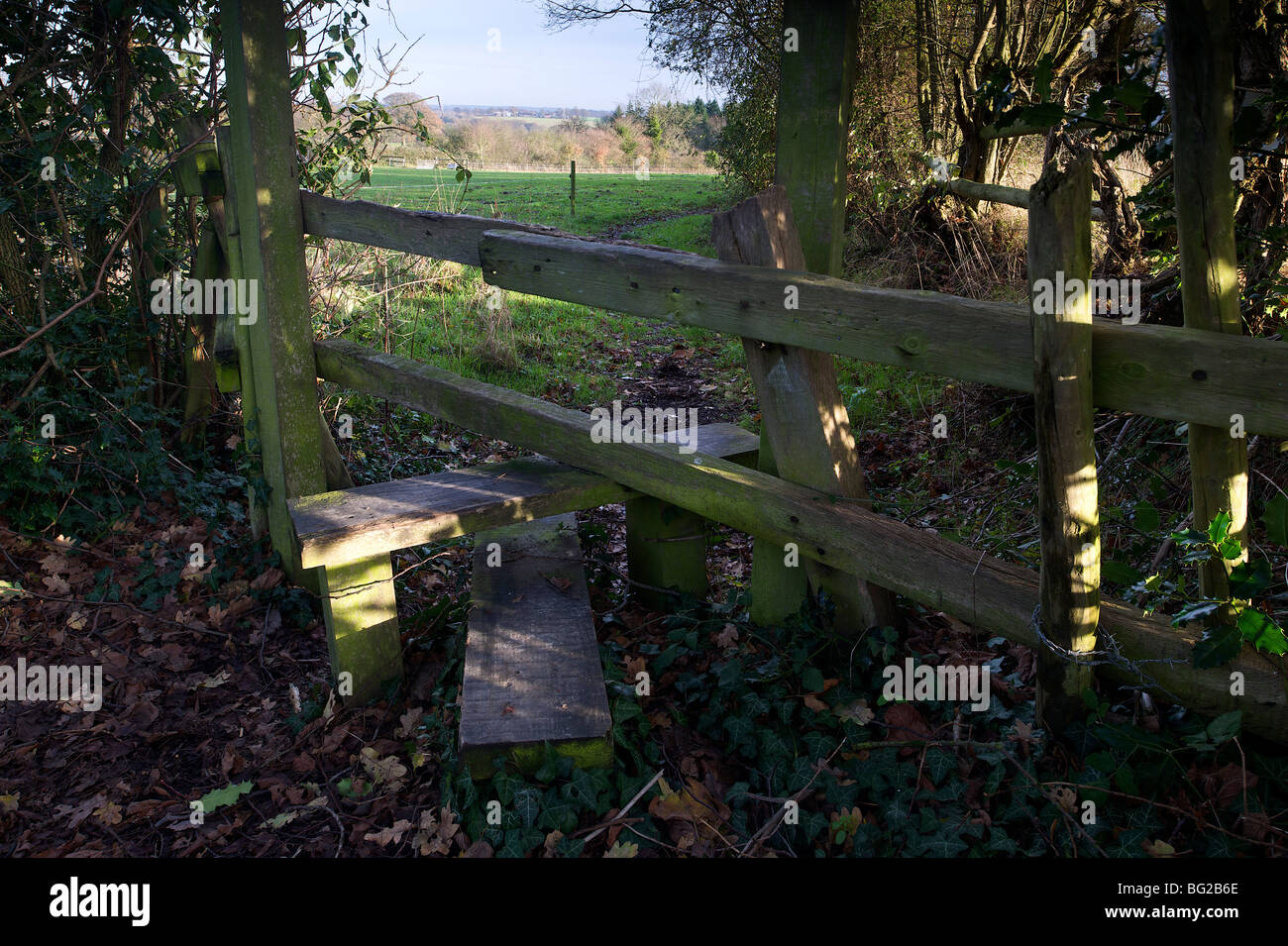 Wooden styl along Mortimer tracks, Mortimer Common, Berkshire, UK Stock ...