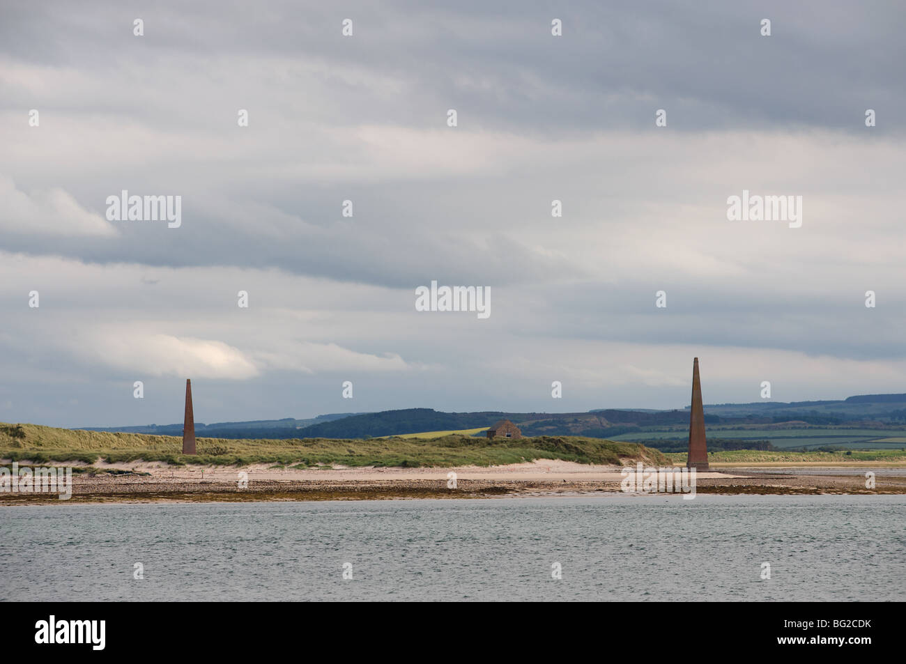 Maritime navigation beacons, Lindisfarne, Northumberland, UK Stock ...