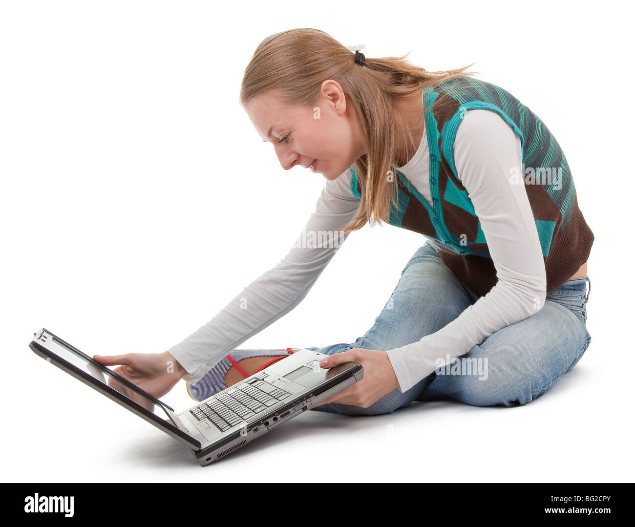 student girl and laptop on white background Stock Photo - Alamy