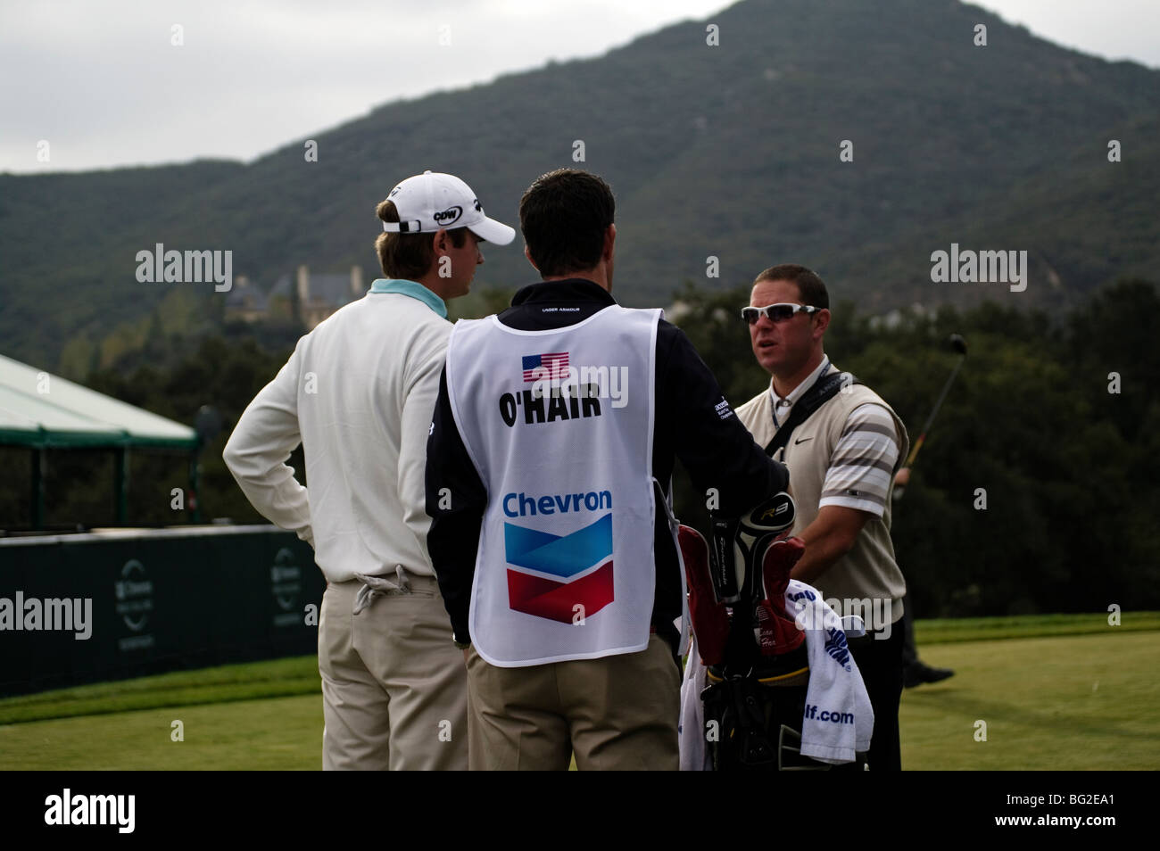 Lucas Glover stands with his caddy on the tee box during the Pro Am of ...