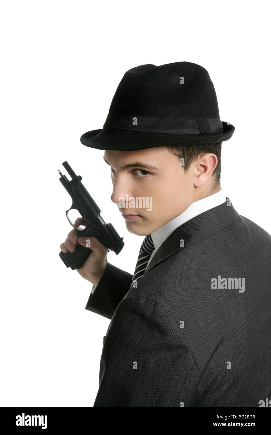 Classic mafia portrait, man with black suit and gun, isolated on white ...