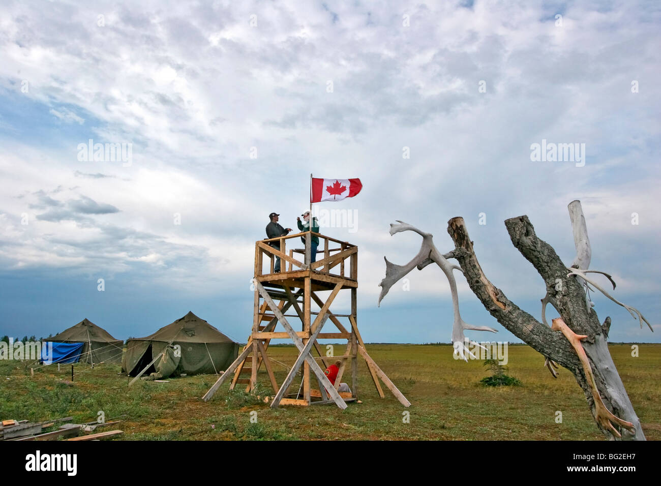 Men in observation tower look for bears at Peawanuck Camp in Polar Bear ...
