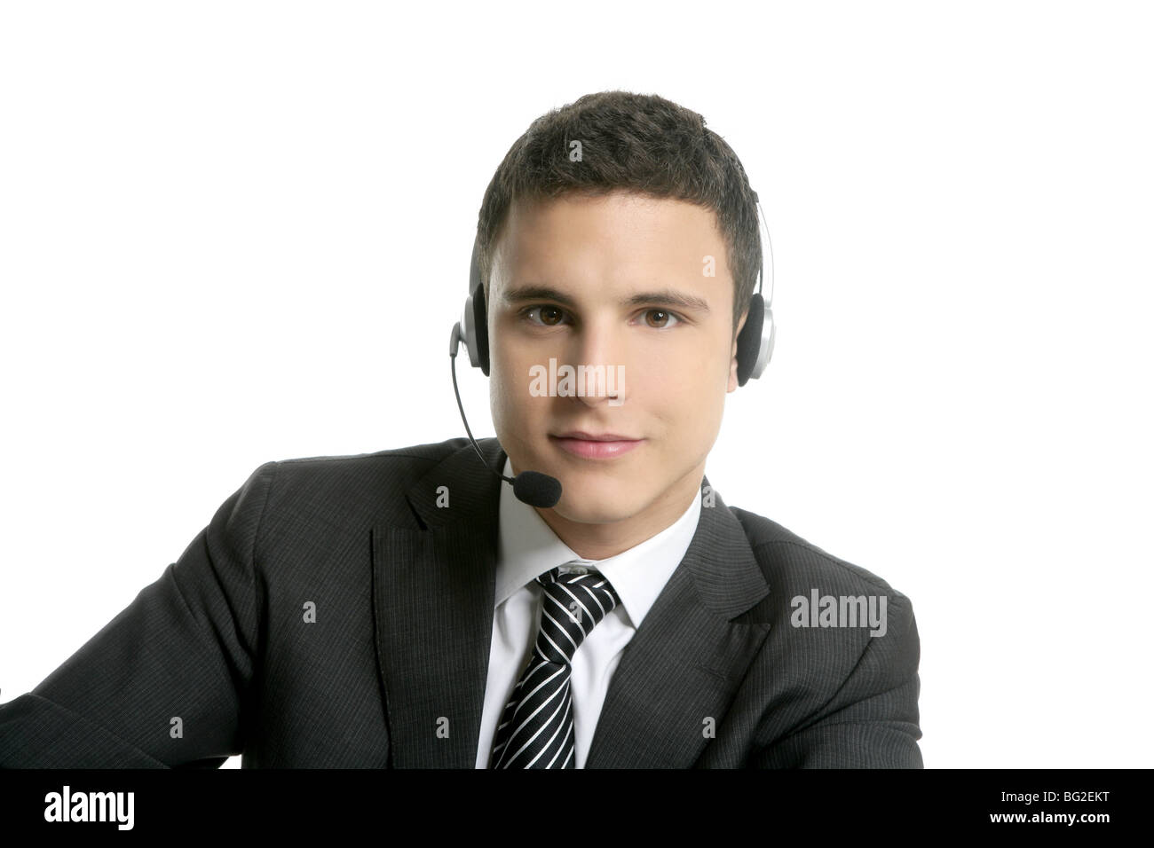 Businessman with headphones portrait on help center Stock Photo - Alamy