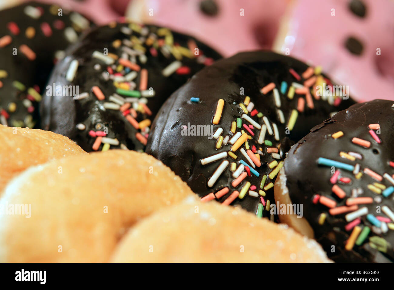 A close-up of various doughnuts arranged in rows Stock Photo - Alamy