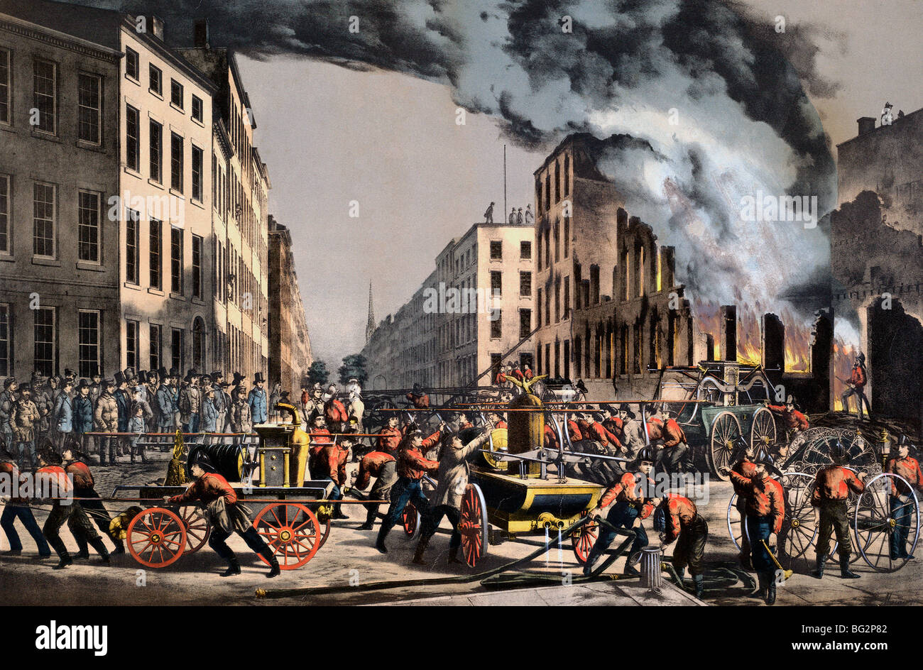 The life of a fireman - man your rope, 1854 Stock Photo - Alamy