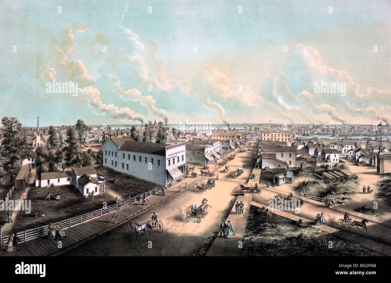 Bird's-eye view of Oshkosh, Wisconsin showing streets with horse-drawn ...