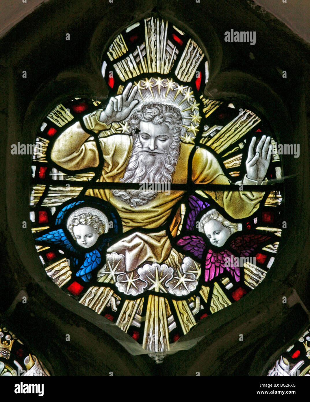 Detail from a stained glass by Charles E.Steel window depicting God, St ...
