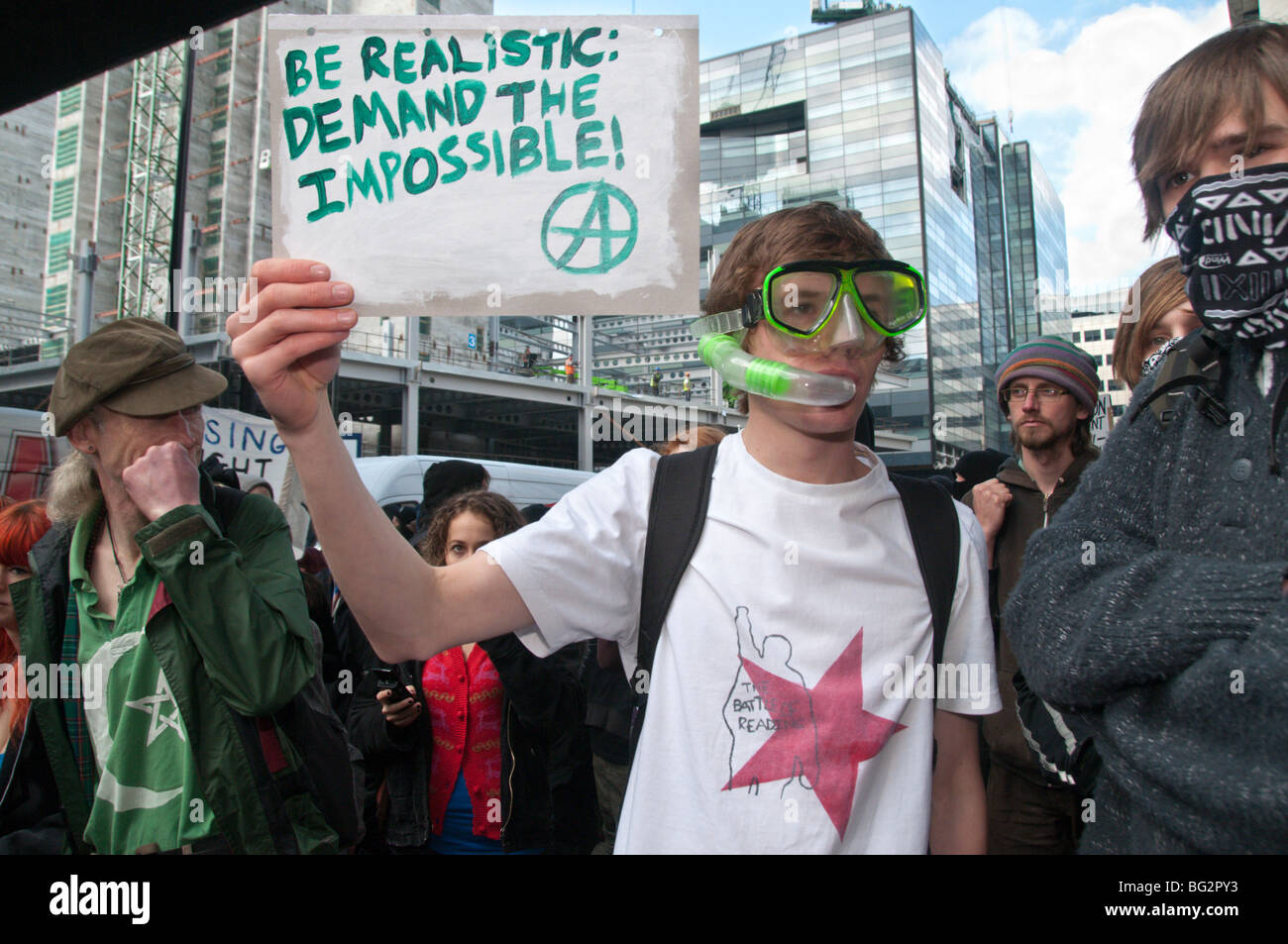 G20 Meltdown 'carnival against capitalism'. Demonstrator with goggles ...