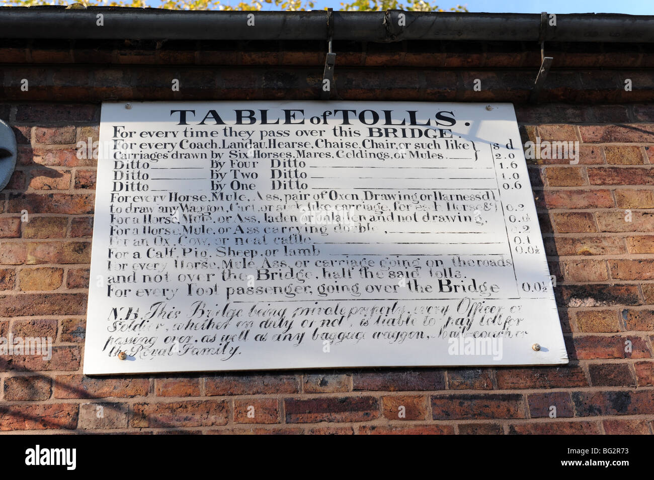 The table of tolls on Iron Bridge toll house at Ironbridge in Telford ...
