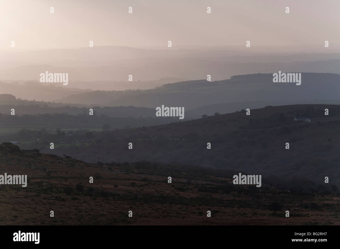 Sundown view off Dartmoor from Merrivale near Princetown Stock Photo ...