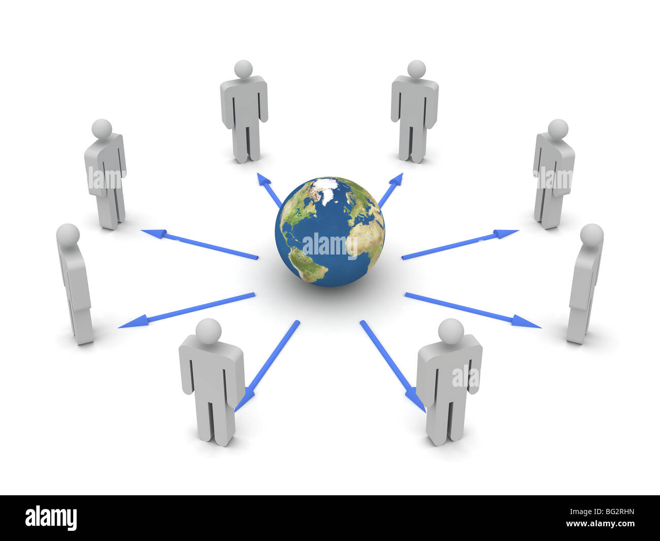 3d render of figures in a circle around an earth globe connected by ...