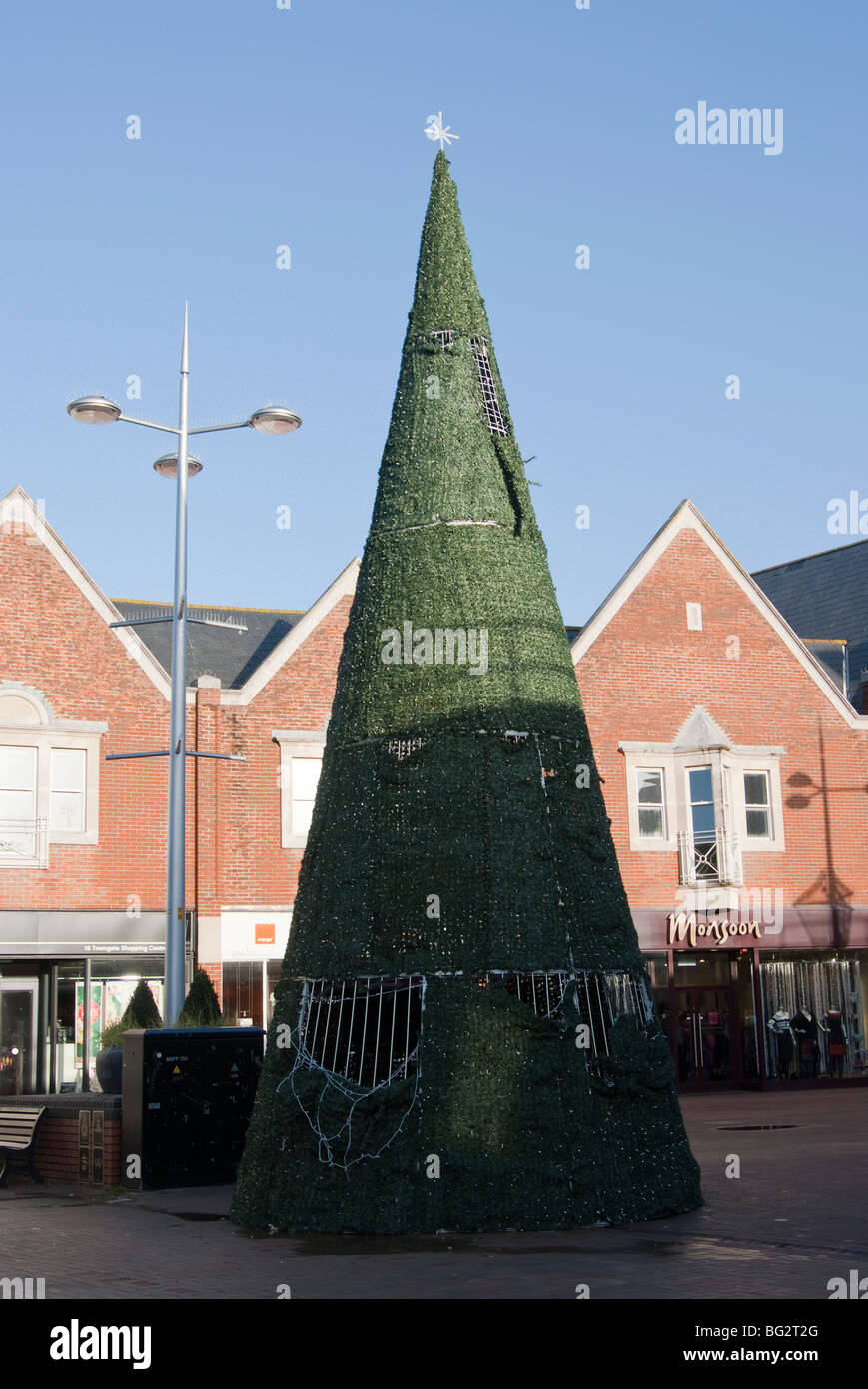 30ft (10m) high, artificial Christmas tree in Poole, Dorset. Damaged ...
