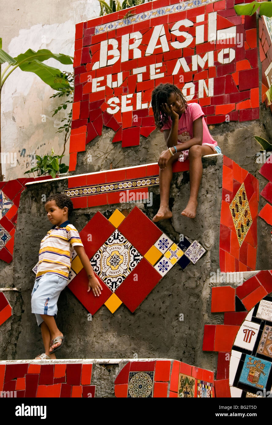 Brazilian children at the Selaron steps in Lapa. Rio de Janeiro. Brazil ...