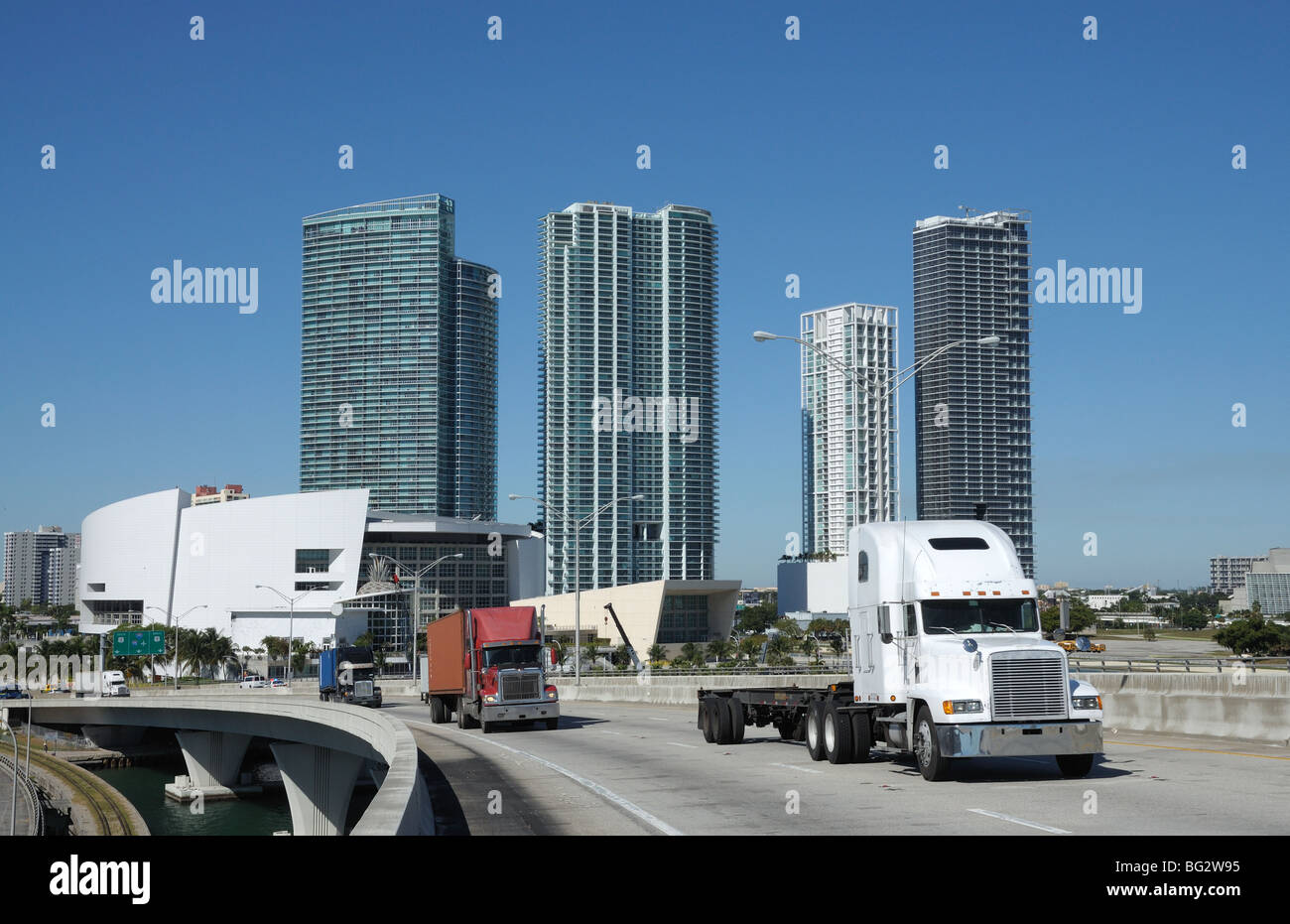 Trucks on the Bridge at Downtown Miami, Florida USA Stock Photo - Alamy