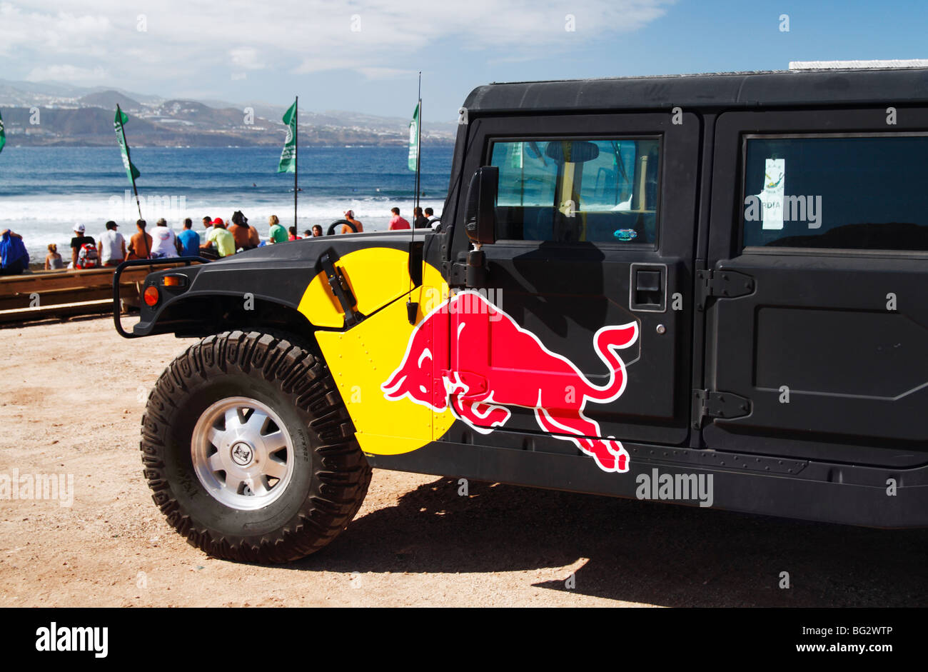 Red Bull Hummer vehicle at Surfing competition in Spain Stock Photo - Alamy
