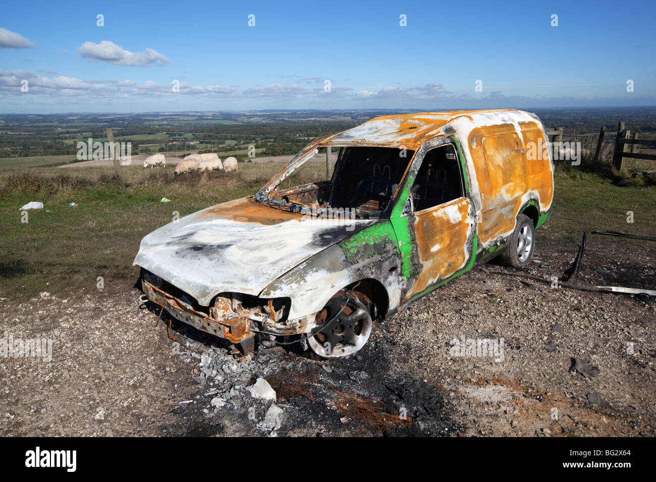 Burnt out vehicle at Inkpen Beacon Stock Photo - Alamy