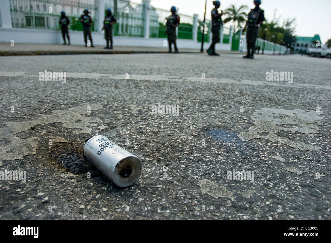 An empty tear gas cartridge on the street after a violent riot in front ...