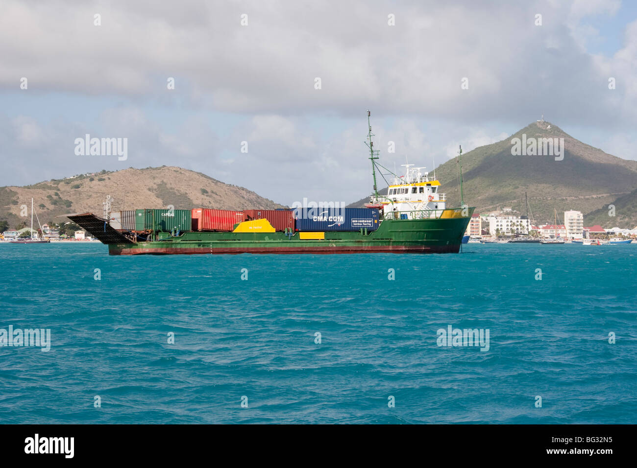 Island container ship anchored in Great Bay Philipsburg, St Maarten ...