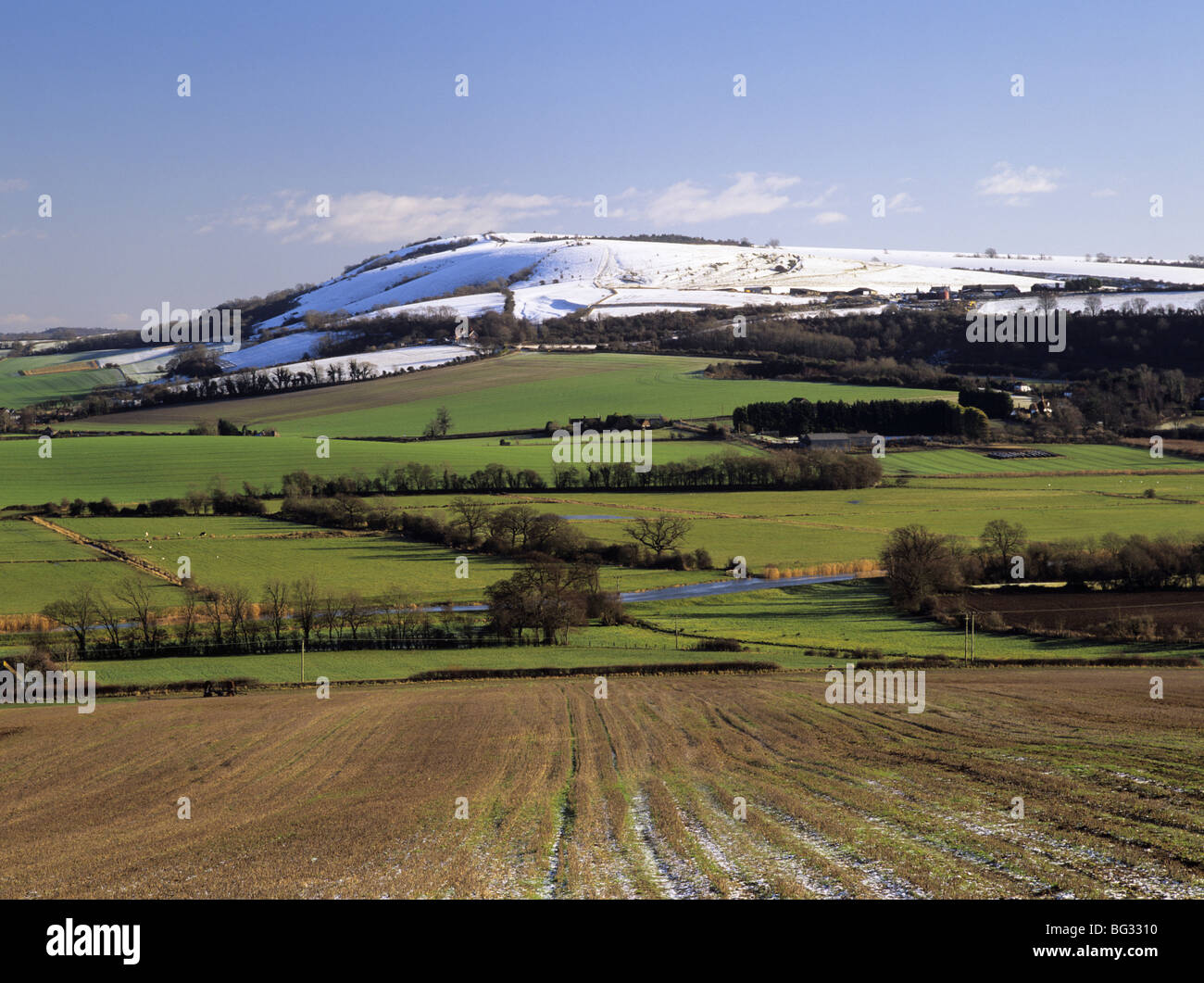 Arun Valley and snow on Rackham Hill from Bury Hill in winter in South ...