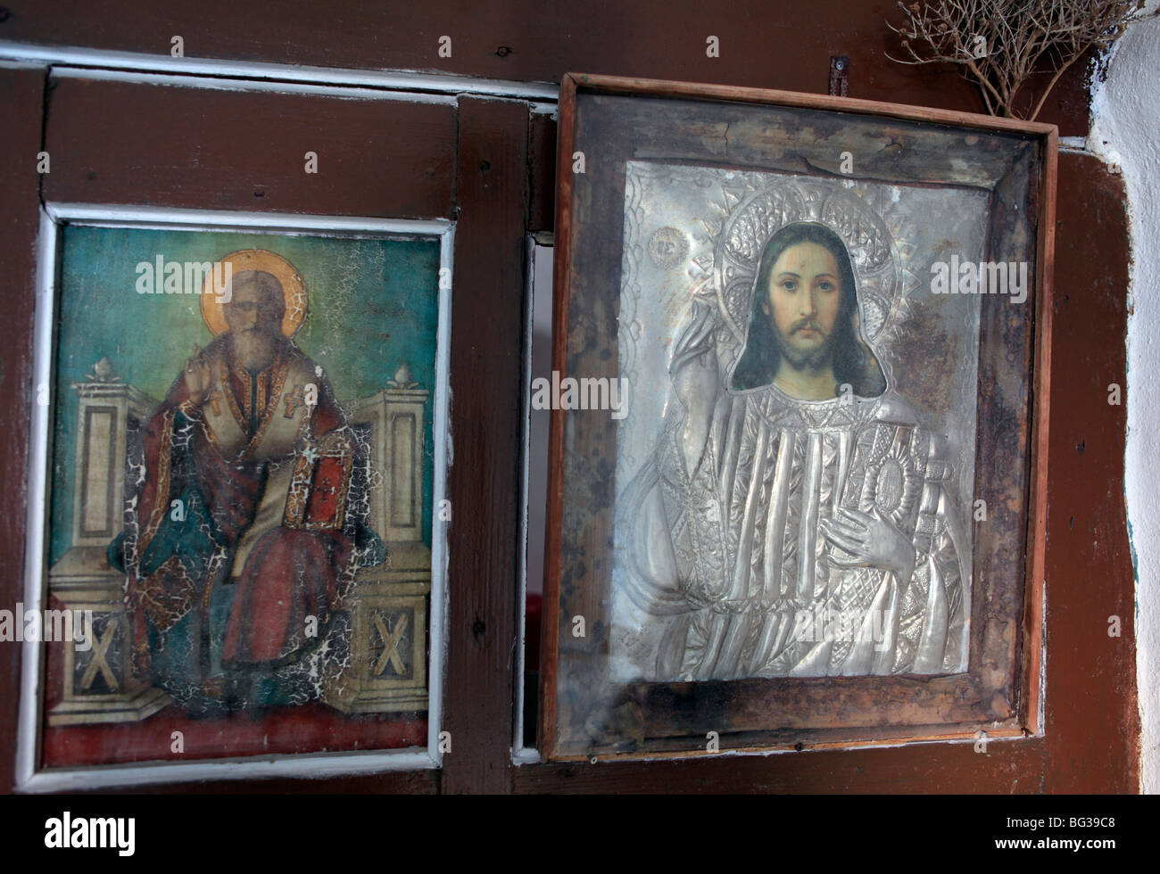 greece cyclades sikinos two icons inside a church Stock Photo - Alamy
