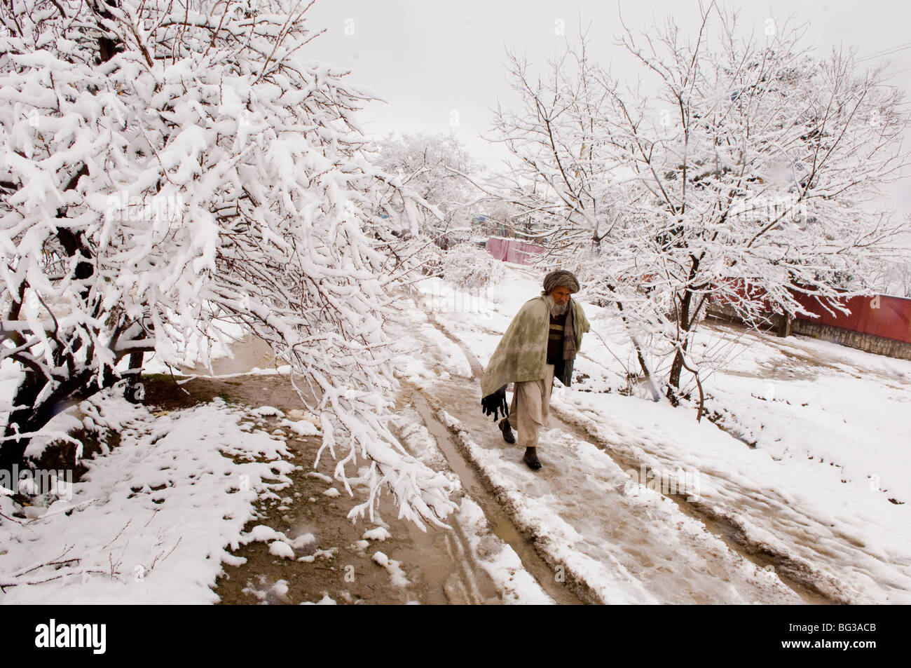 Old Afghan walks through snow covered park in Maimana, Faryab Province ...
