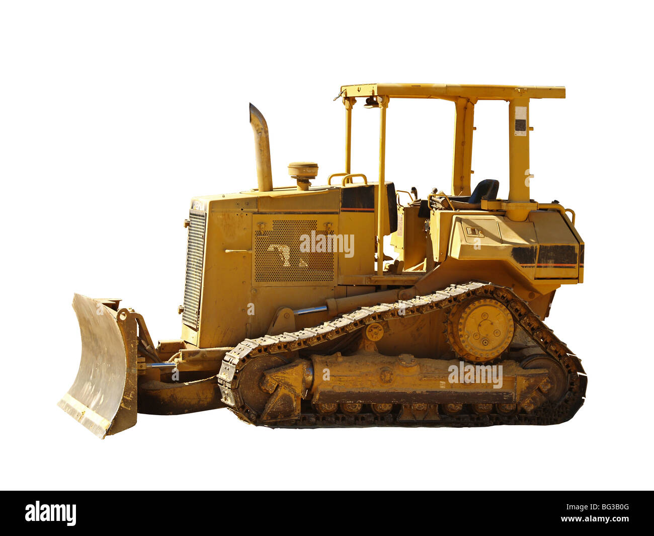 A heavy equipment earth moving bulldozer isolated on white with ...