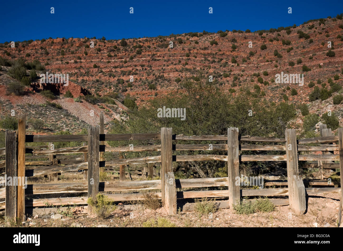 An old wooden fence along the Verde Canyon Railroad at Clarkdale ...